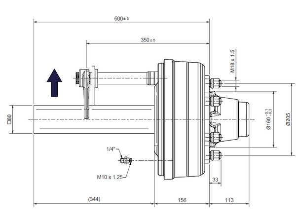 Nav Q80x500 6/160/205. Hydr.brems 300x90 6-bolt 4000kg/40kmt - Egil Eng